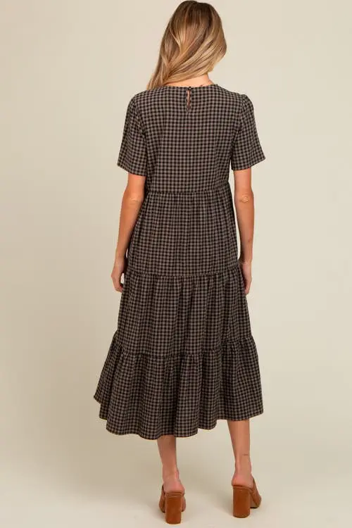PINKBLUSH Gingham Tiered Midi Dress - Black