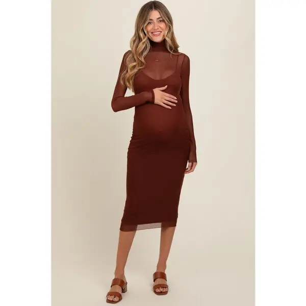 PINKBLUSH Mesh Overlay Fitted Midi Dress - Brown