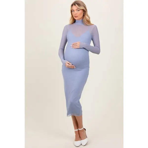 PINKBLUSH Mesh Overlay Fitted Midi Dress - Light Blue