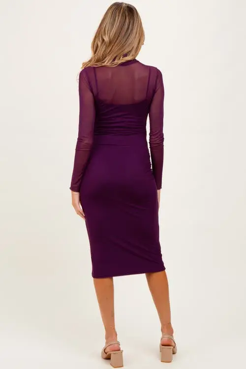 PINKBLUSH Mesh Overlay Fitted Midi Dress - Purple