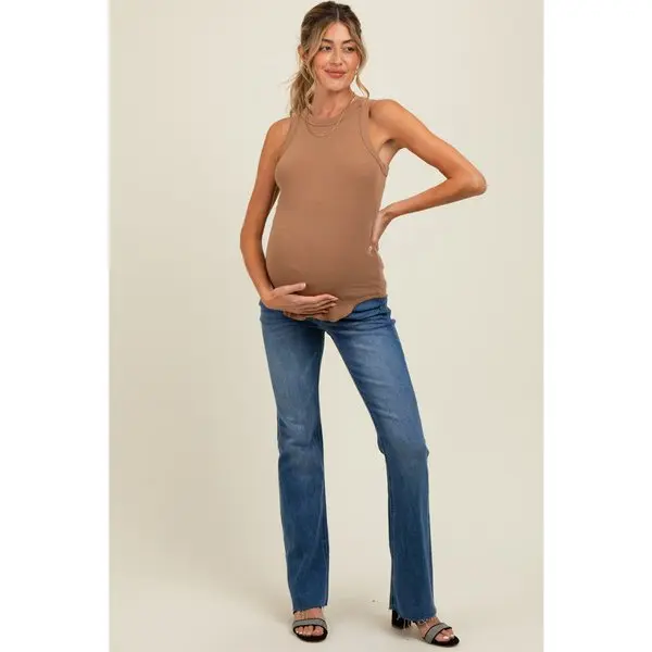 PINKBLUSH Distressed Raw Hem Maternity Bootcut Jeans - Navy Blue