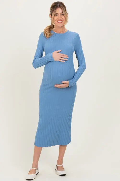 PINKBLUSH Ribbed Knit Fitted Midi Sweater Dress - Blue