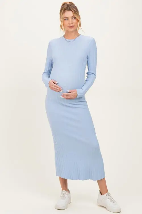 PINKBLUSH Ribbed Knit Fitted Midi Sweater Dress - Light Blue