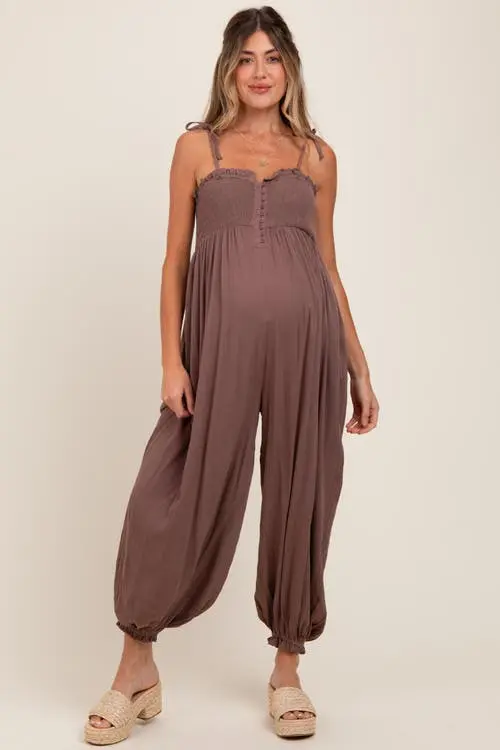PINKBLUSH Smocked Button Front Shoulder Tie Jumpsuit - Mocha