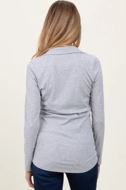 PINKBLUSH Ribbed Collared Long Sleeve Top - Heather Grey