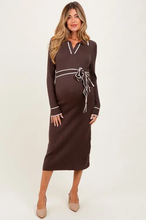 PINKBLUSH Rib Fitted Maternity Sweater Midi Dress - Brown