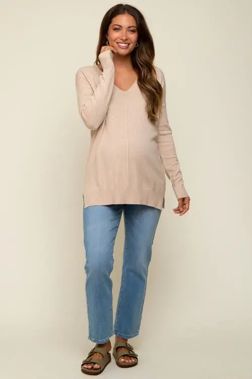 PINKBLUSH Long Sleeve Maternity Sweater - Beige