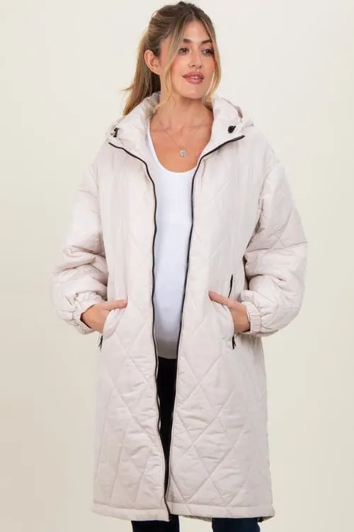PINKBLUSH Quilted Long Puffer Jacket - Beige