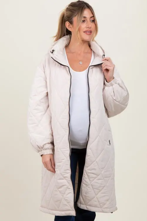 PINKBLUSH Quilted Long Puffer Jacket - Beige