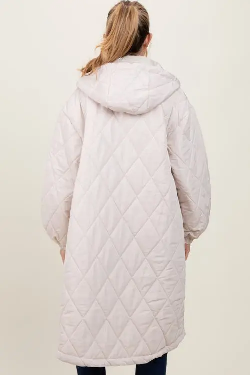 PINKBLUSH Quilted Long Puffer Jacket - Beige