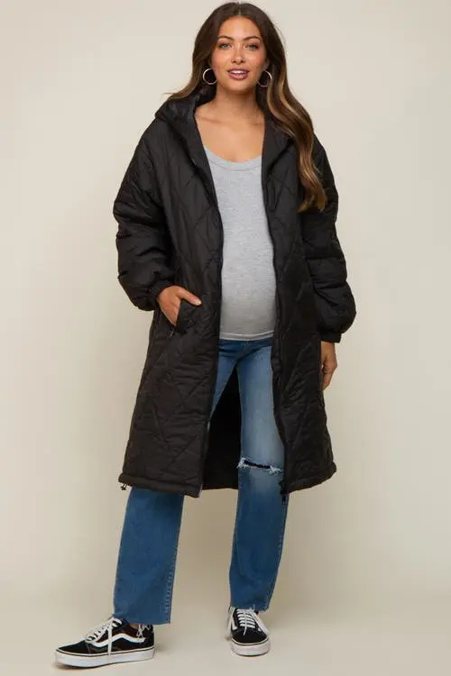 PINKBLUSH Quilted Long Puffer Jacket - Black
