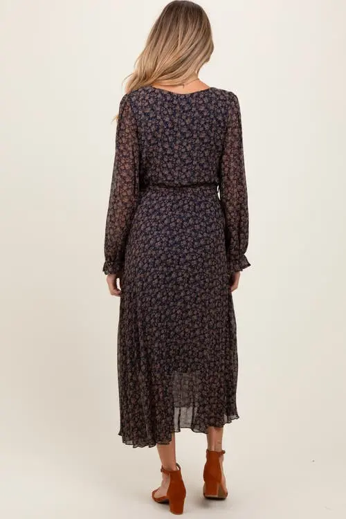 PINKBLUSH Floral Print Front Tie Pleated Midi Dress