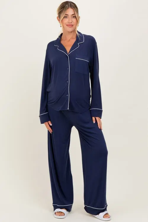 PINKBLUSH Button Down Top Wide Leg Pant Pajama Set - Blue