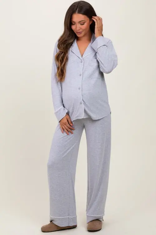 PINKBLUSH Button Down Top Wide Leg Pant Pajama Set - Heather Grey