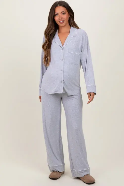 PINKBLUSH Button Down Top Wide Leg Pant Pajama Set - Heather Grey