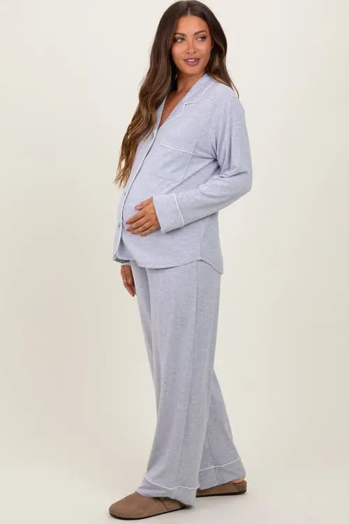 PINKBLUSH Button Down Top Wide Leg Pant Pajama Set - Heather Grey