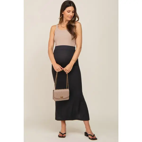 PINKBLUSH Ribbed Side Slit Midi Skirt - Black