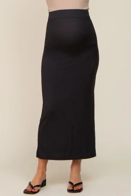 PINKBLUSH Ribbed Side Slit Maternity Midi Skirt - Black