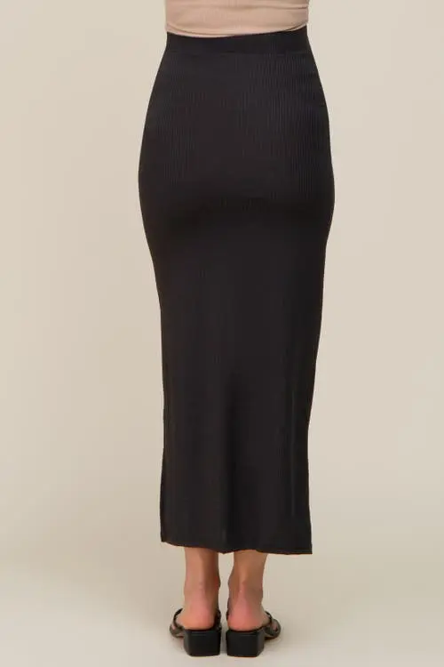 PINKBLUSH Ribbed Side Slit Maternity Midi Skirt - Black