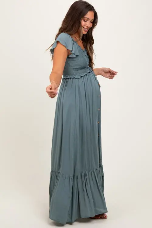 PINKBLUSH Smocked Top Woven Maxi Dress - Light Olive