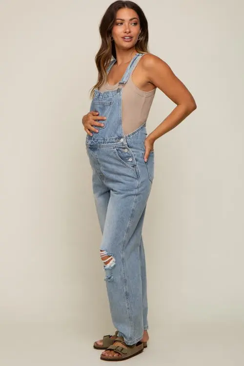 PINKBLUSH Wash Distressed Maternity Overalls