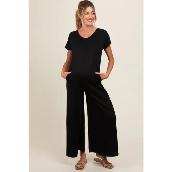 PINKBLUSH Ribbed Wide Leg Jumpsuit - Black