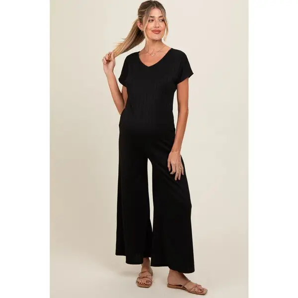 PINKBLUSH Ribbed Wide Leg Jumpsuit - Black