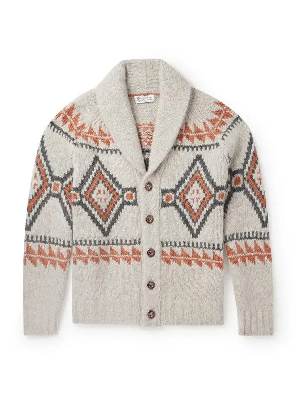 Brunello Cucinelli Shawl-collar Jacquard-knit Alpaca-blend Cardigan - Gray