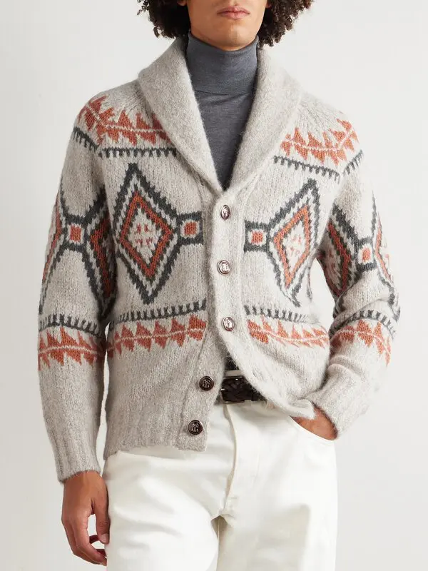 Brunello Cucinelli Shawl-collar Jacquard-knit Alpaca-blend Cardigan - Gray