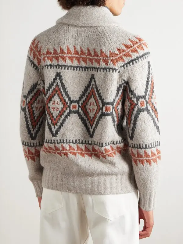 Brunello Cucinelli Shawl-collar Jacquard-knit Alpaca-blend Cardigan - Gray