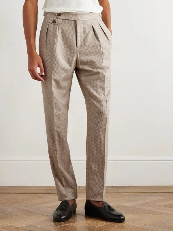 Brunello Cucinelli Straight-leg Pleated Puppytooth Cashmere And Silk-blend Suit Trousers - Neutrals