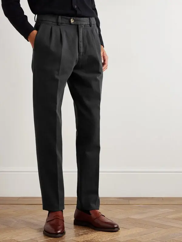 Brunello Cucinelli Straight-leg Pleated Cotton-corduroy Trousers - Gray