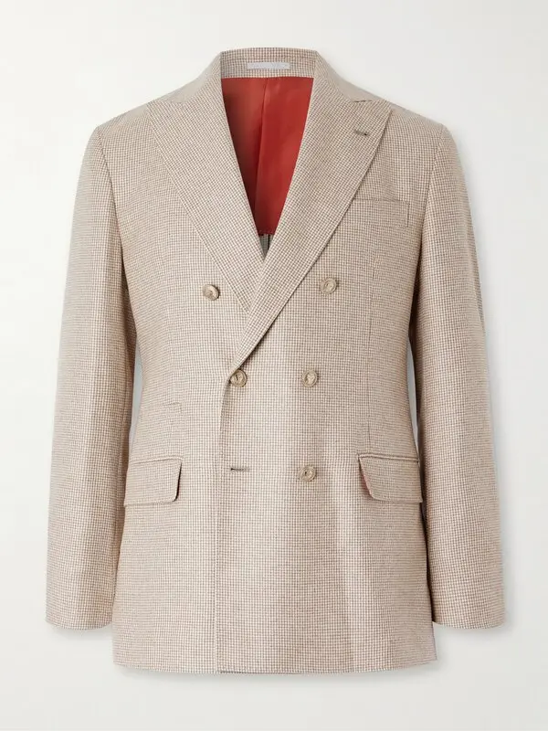Brunello Cucinelli Double-breasted Puppytooth Cashmere And Silk-blend Suit Jacket - Neutrals