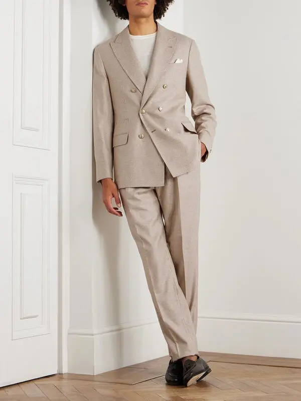 Brunello Cucinelli Double-breasted Puppytooth Cashmere And Silk-blend Suit Jacket - Neutrals