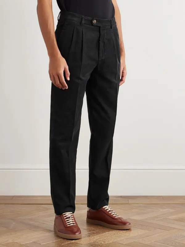 Brunello Cucinelli Tapered Pleated Cotton-corduroy Trousers - Black