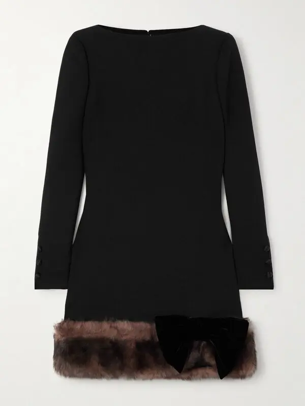 Valentino Garavani Bow-detailed Shearling And Lace-trimmed Mini Dress