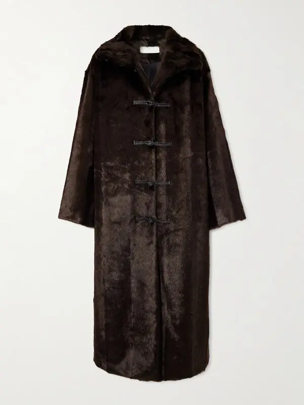 RÓHE Leather-trimmed Plush Longline Coat - Brown