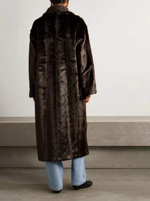 RÓHE Leather-trimmed Plush Longline Coat - Brown