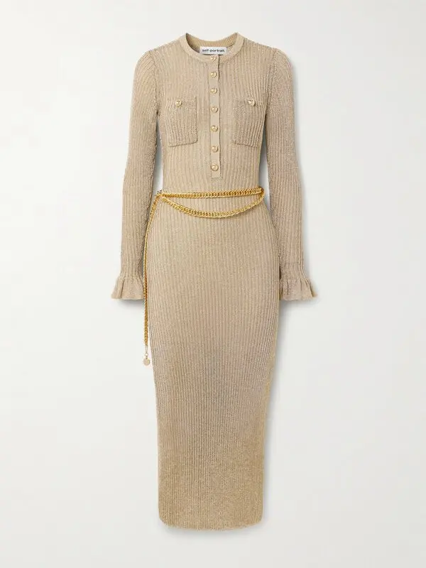 SELF-PORTRAIT Belted Ruffled Metallic Ribbed-knit Midi Dress