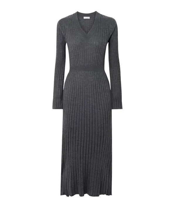 Brunello Cucinelli Ribbed Wool Midi Dress - Dark Gray