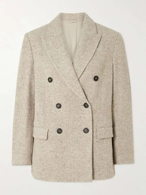 Brunello Cucinelli Double-breasted Tweed Blazer - Beige