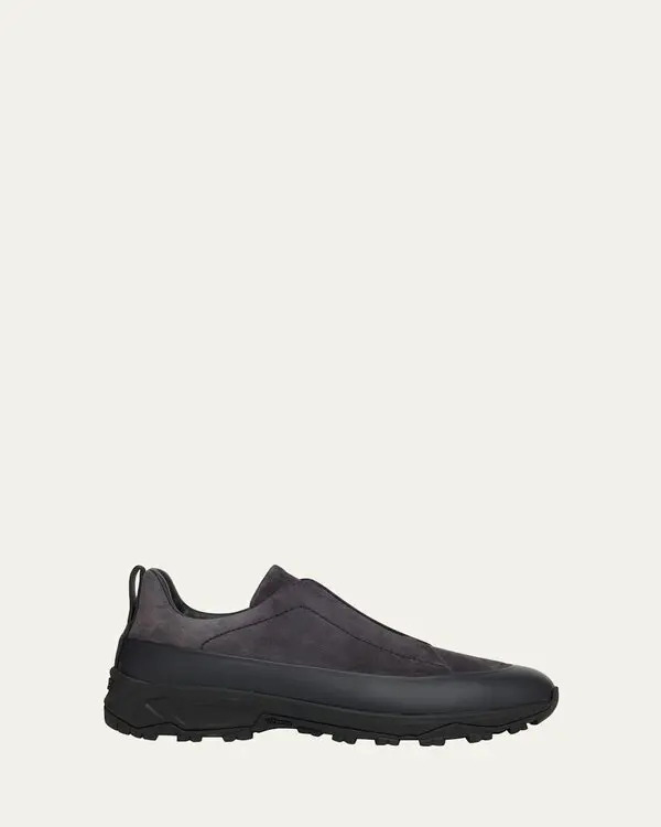 Zegna Triple Stitch Monte Suede And Leather Slip-on Sneakers - Navy Blue