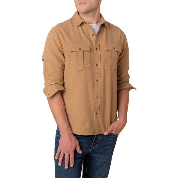 HOPE & HENRY Organic Flannel Double Pocket Button Down Shirt - Camel Herringbone