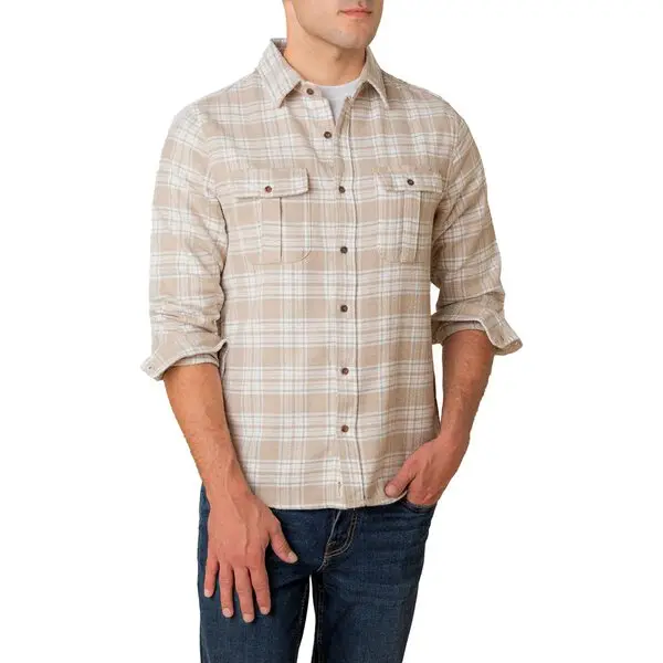 HOPE & HENRY Organic Flannel Double Pocket Button Down Shirt - Taupe Heirloom Plaid