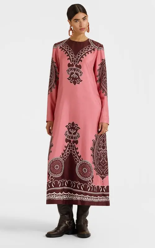 La DoubleJ Long Sleeve Silk Twill Swing Dress - Oltrarno Placée Pink
