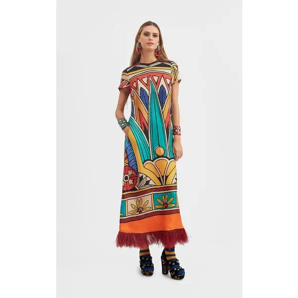 La DoubleJ Printed Silk Twill Swing Dress With Feather Trim - Philae Placée Multicolor