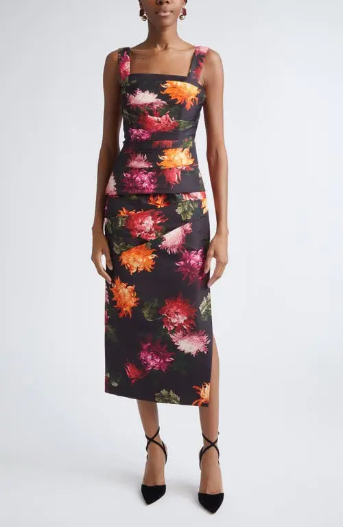 Carolina Herrera Chrysanthemum Print Pleated Faille Midi Dress - Black Multi