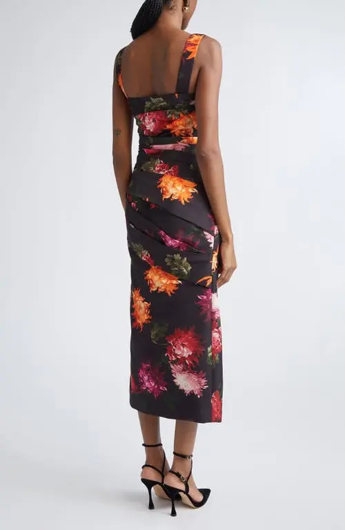 Carolina Herrera Chrysanthemum Print Pleated Faille Midi Dress - Black Multi