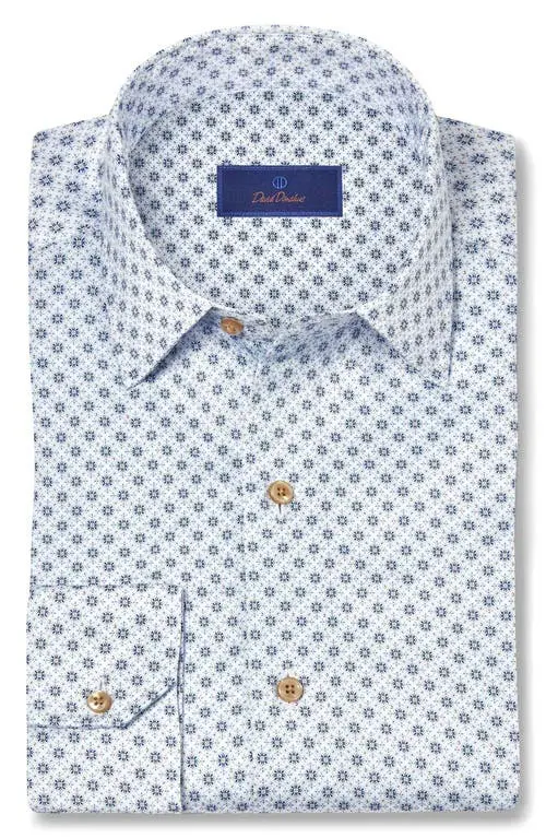 David Donahue Geometric Print Sport Shirt - White/blue