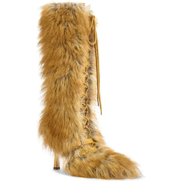 AZALEA WANG Lourdanne Faux Fur Lace-up Stiletto Boots - Tan